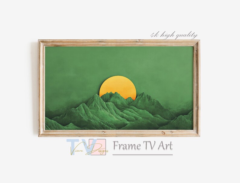 Frame TV Art Green Tonal Palette Screen Display, Sunset and Mountains ...