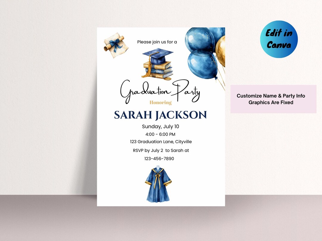 Editable Graduation Party Invitation | Blue and Gold Grad Template ...