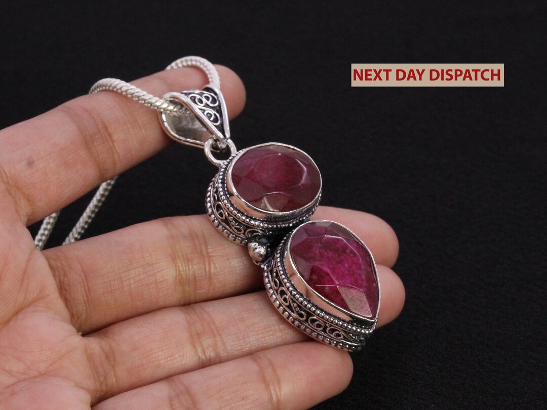 Two Stone Natural Raw Ruby Silver Pendant/handmade Gemstone Necklace ...