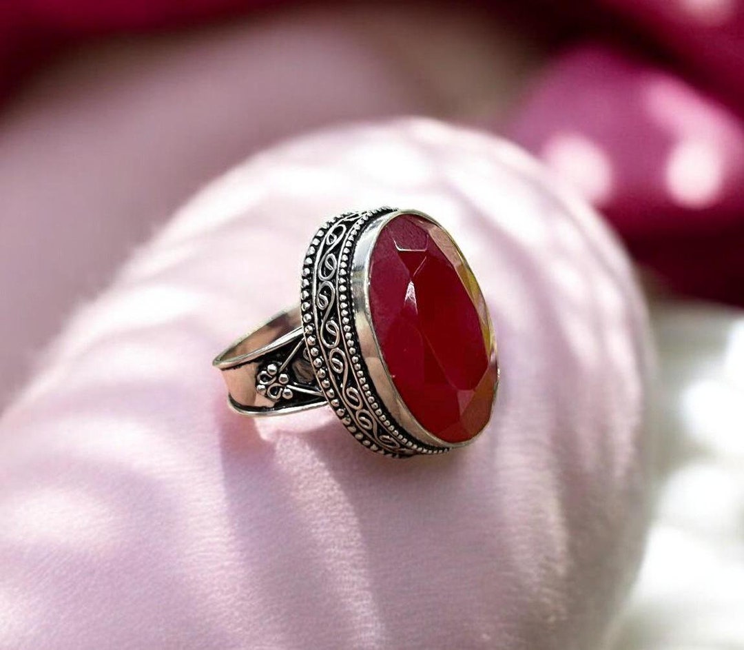 Customized Raw Ruby Silver Fine Work Handcrafted Ring With All Sizes J ...