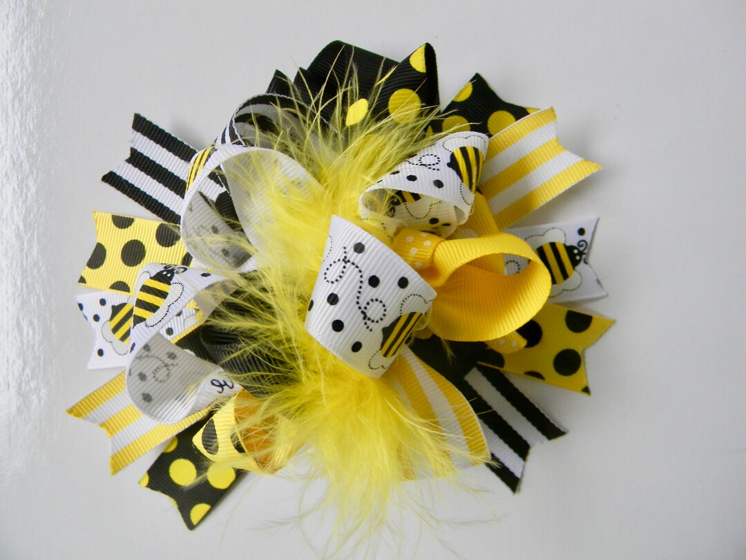 Bee Hair Bow- Over the Top Bows- Bumble Bee Boutique Style Bows-pigtail ...