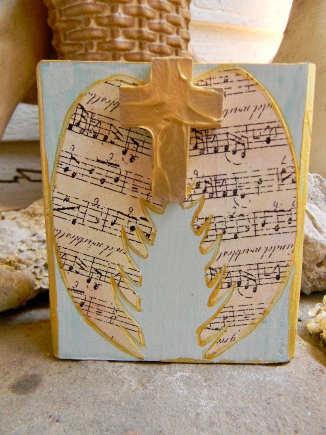 Hand Painted Angel Wings Wood Block Art With Gold Cross (4x4) - Etsy