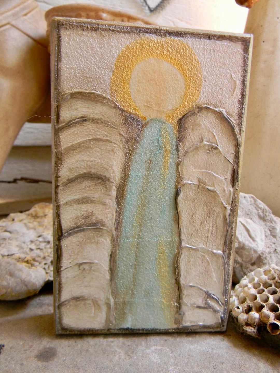 5 1/2 X4 Hand Painted Angel Wood Block Art, Gold Angel Art, Texture Art ...