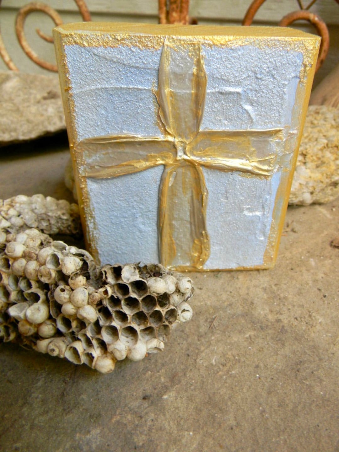 4x4 Hand Painted Cross Wood Block Art, Gold Cross Art, Texture Art ...