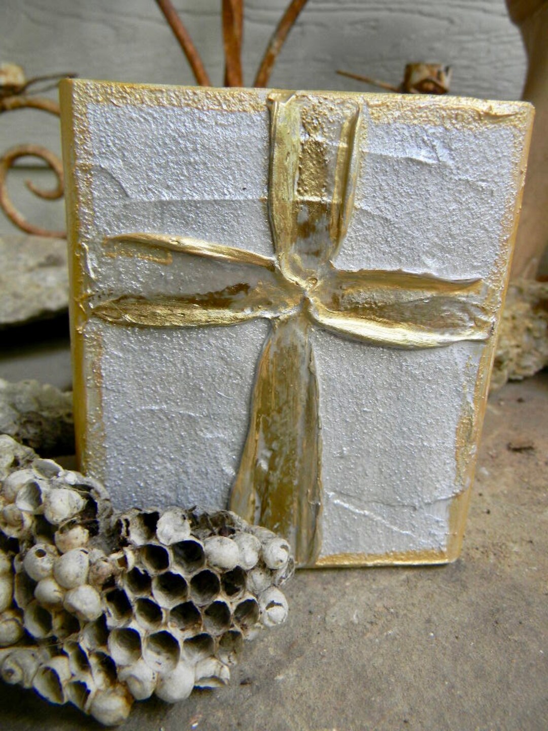 4x4 Hand Painted Cross Wood Block Art, Gold Cross Art, Texture Art ...