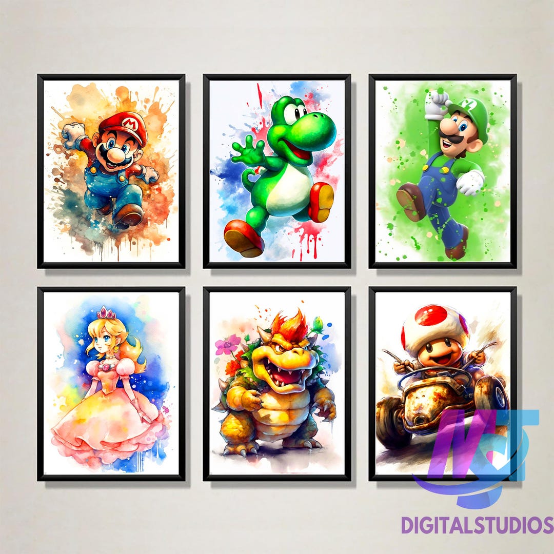 Set 6 Super Mario Watercolour Download Print, Mario Art Poster for Kids ...