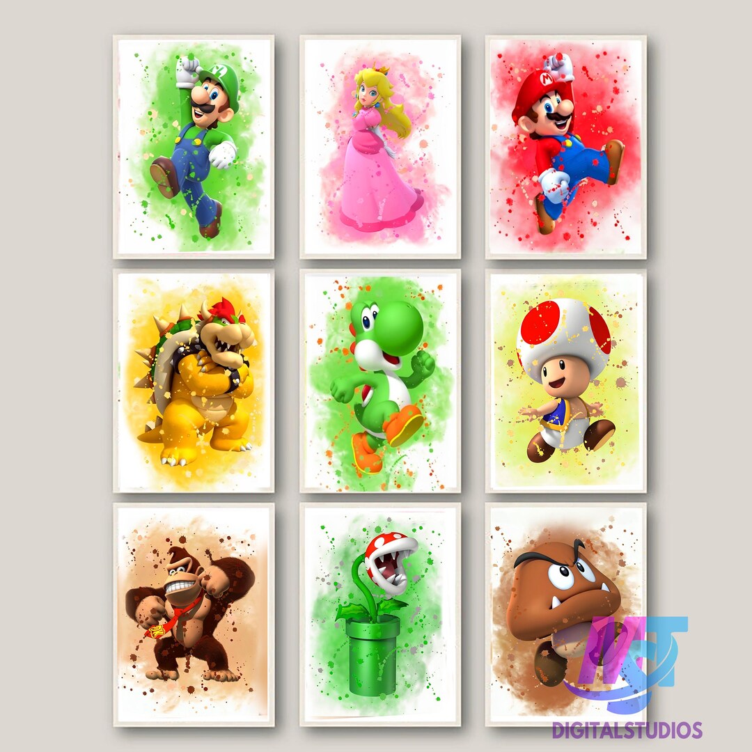 Super Mario Watercolor Poster, Set of 9 Super Mario Art Posters for ...