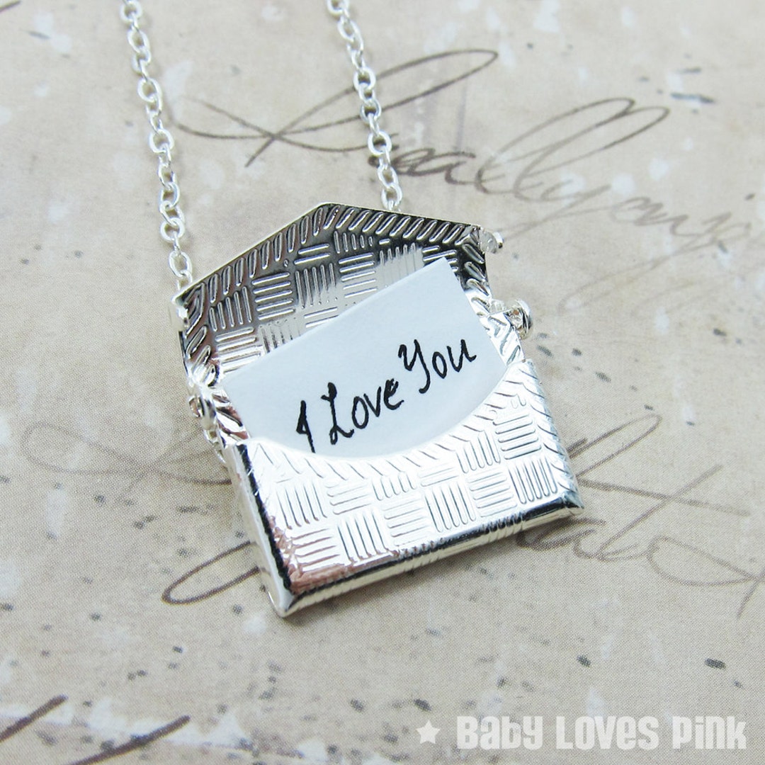 Silver Envelope Locket Necklace - Write Your Own Note, I Love You, Etc ...