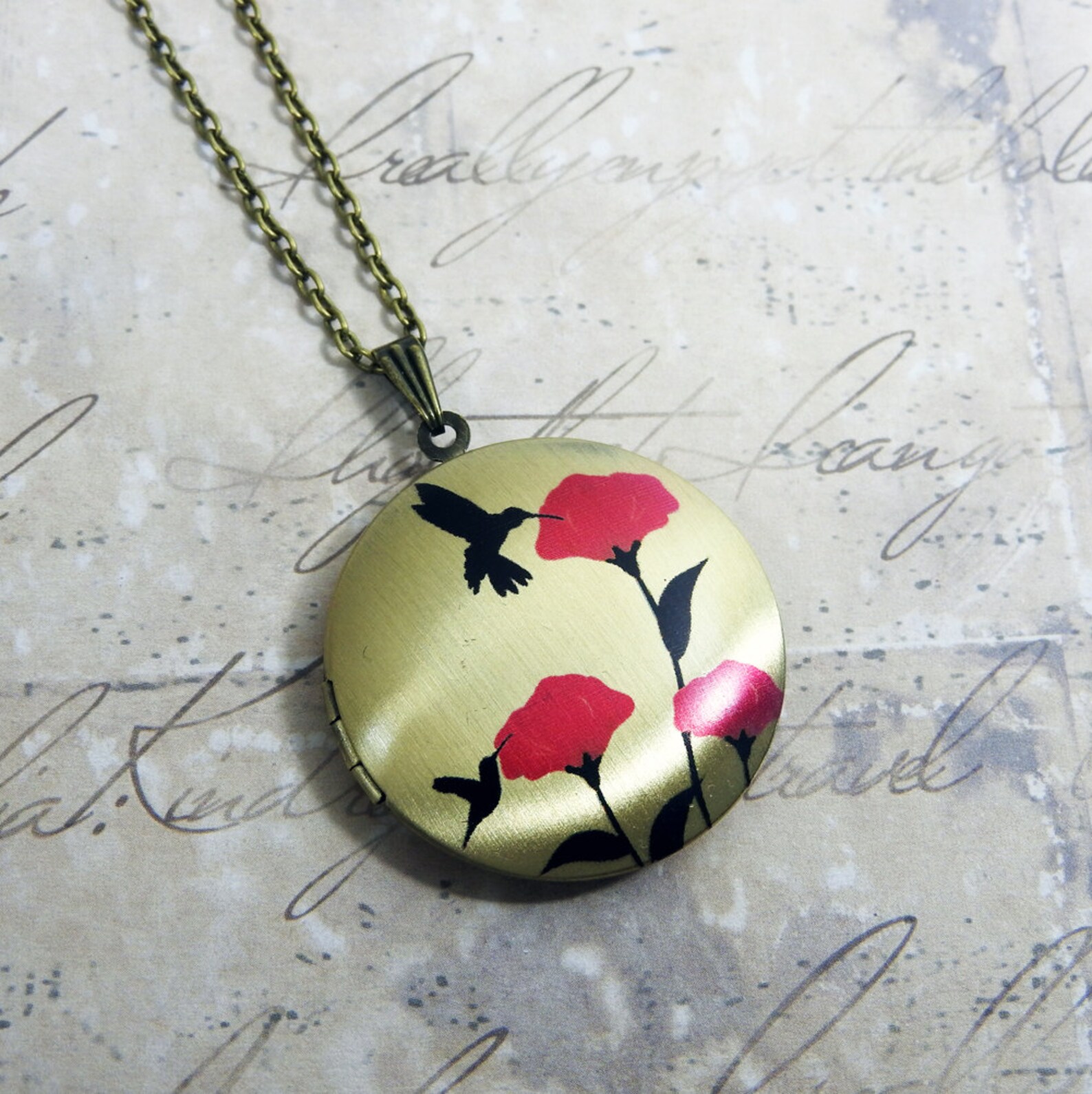 Hummingbird in Poppy Field Necklace Brass Photo Locket - Etsy