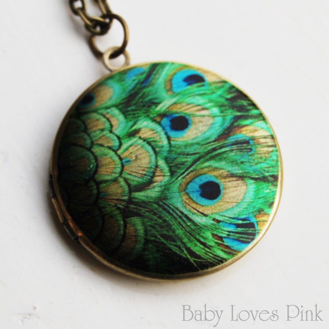 Peacock Feather Locket Necklace - Brass Photo Locket (R3B-D1) - Etsy