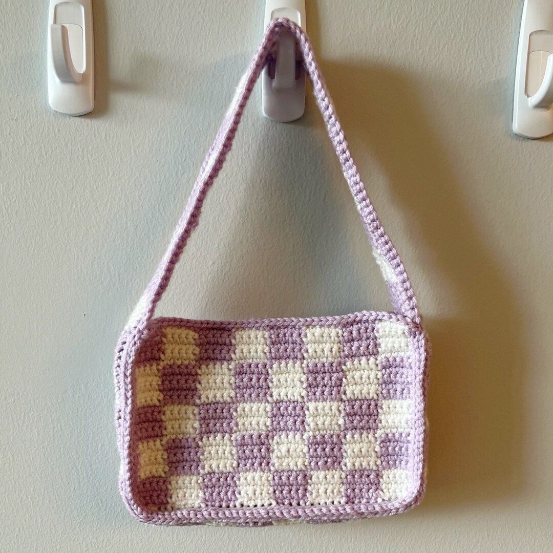 Purple and White Checkered Crochet Bag/purse, 100% Acrylic Yarn ...