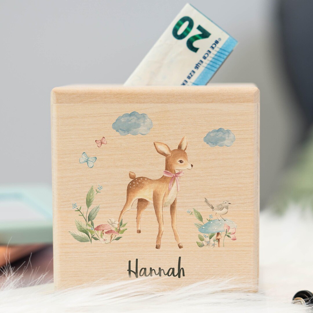 Spardose personalisiert mit Namen & Reh Motiv aus Holz, Kinder Spardose ...