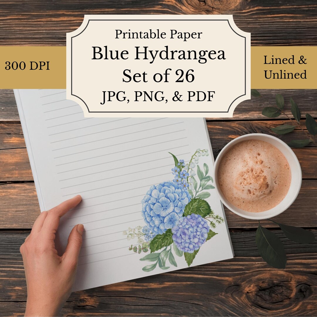 Blue Hydrangea Stationery Paper Pack, 26 Printable Floral Pages ...
