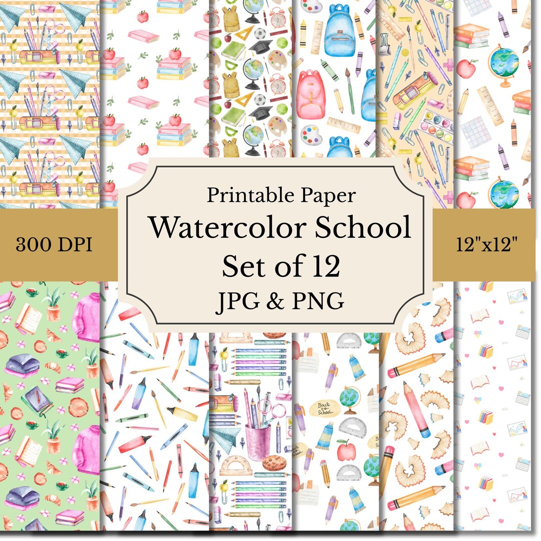 Watercolor Back to School Seamless Pattern, School Supplies Digital ...