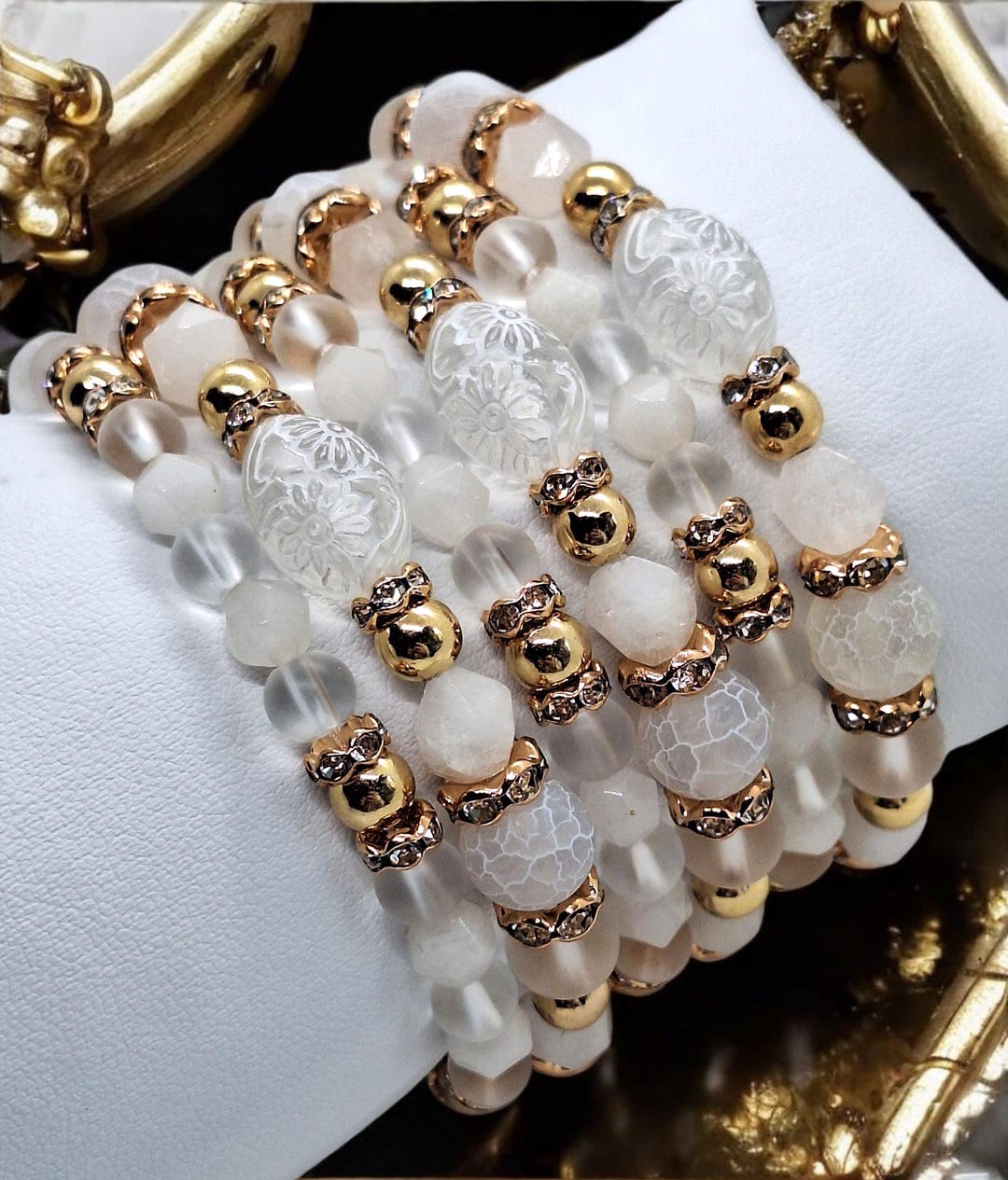 Pretty Bracelet Elegant Elastic Beads White Gold Charms Love Gift Woman ...