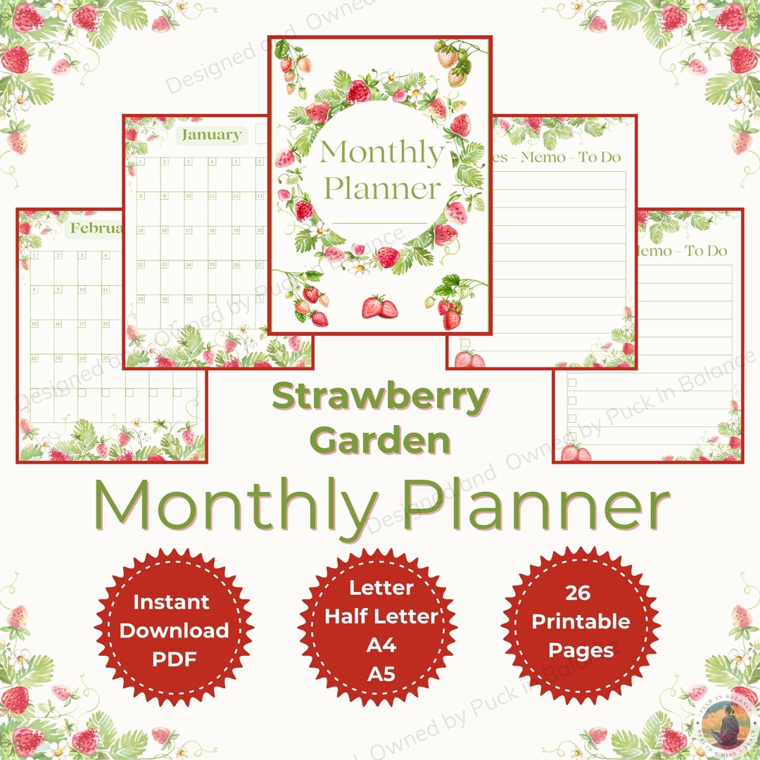 Undated Planner, Strawberry Garden Journal, Printable Calendar, Notes ...