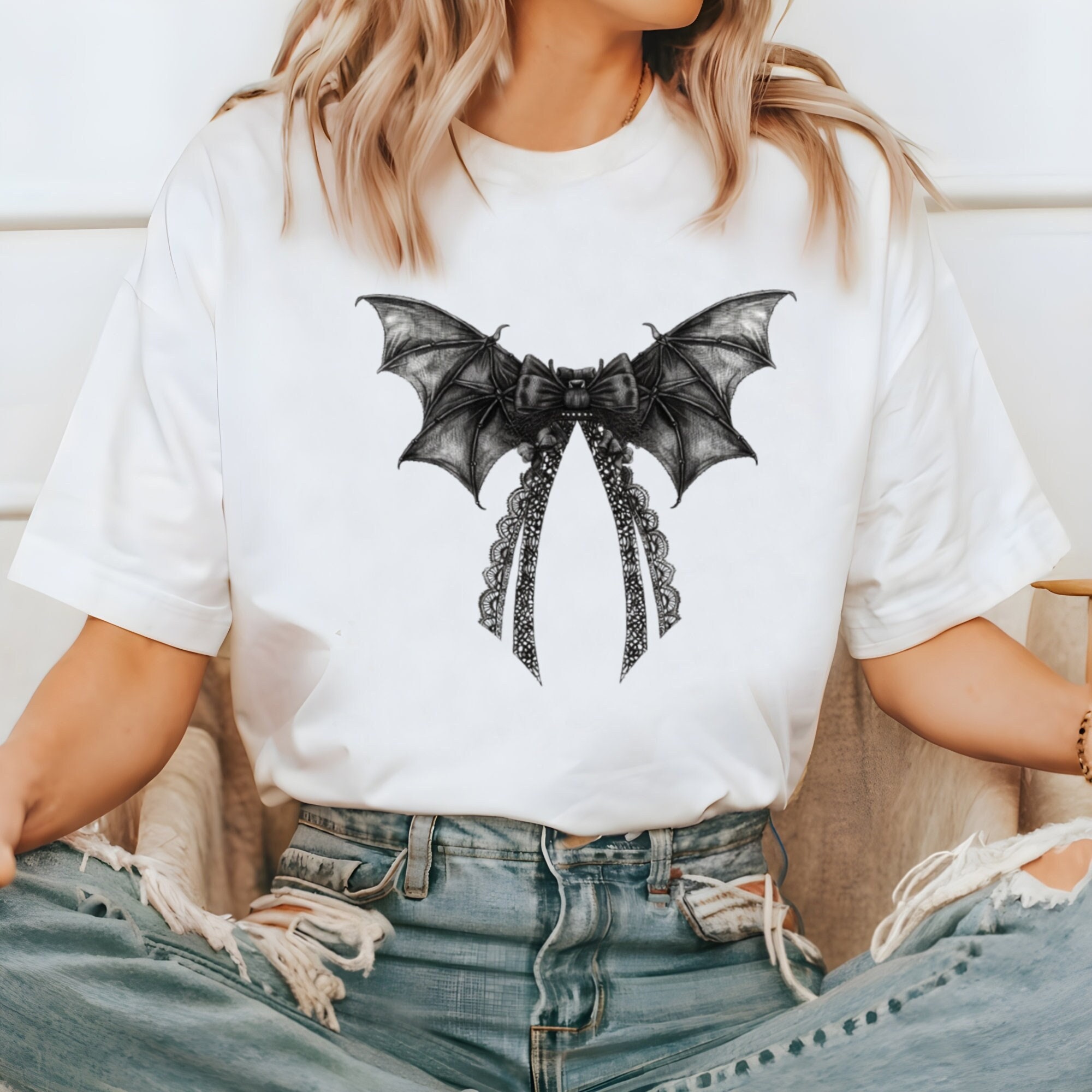 Halloween Bat Gothic Coquette Bow T-shirt, Bat Gothic T-shirt, Black ...