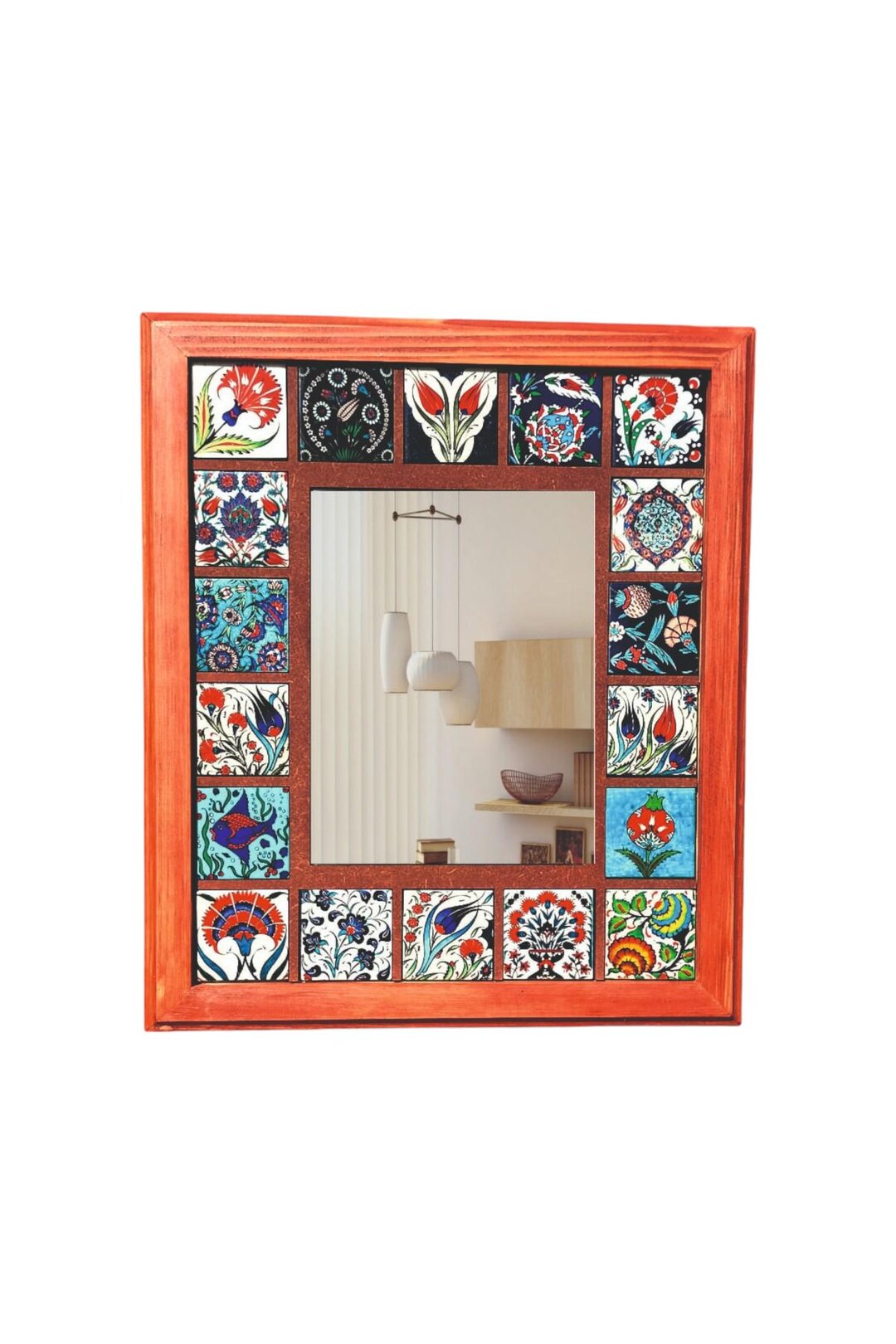 A Wall Mirror With a Pinewood Frame and Ceramic Tiles Showcasing ...