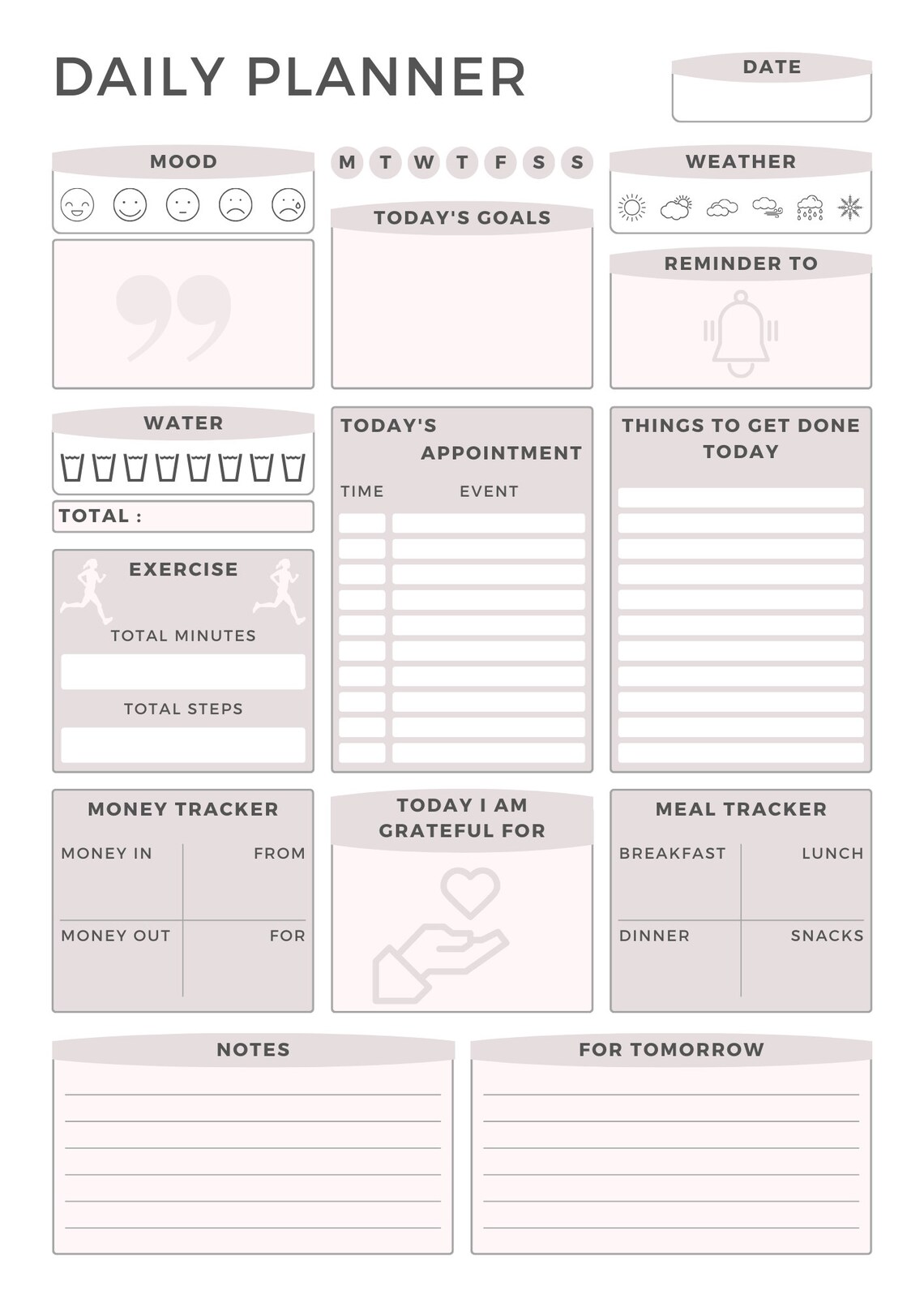 Daily Planner Template Printable, Custom Design Planner Insert ...