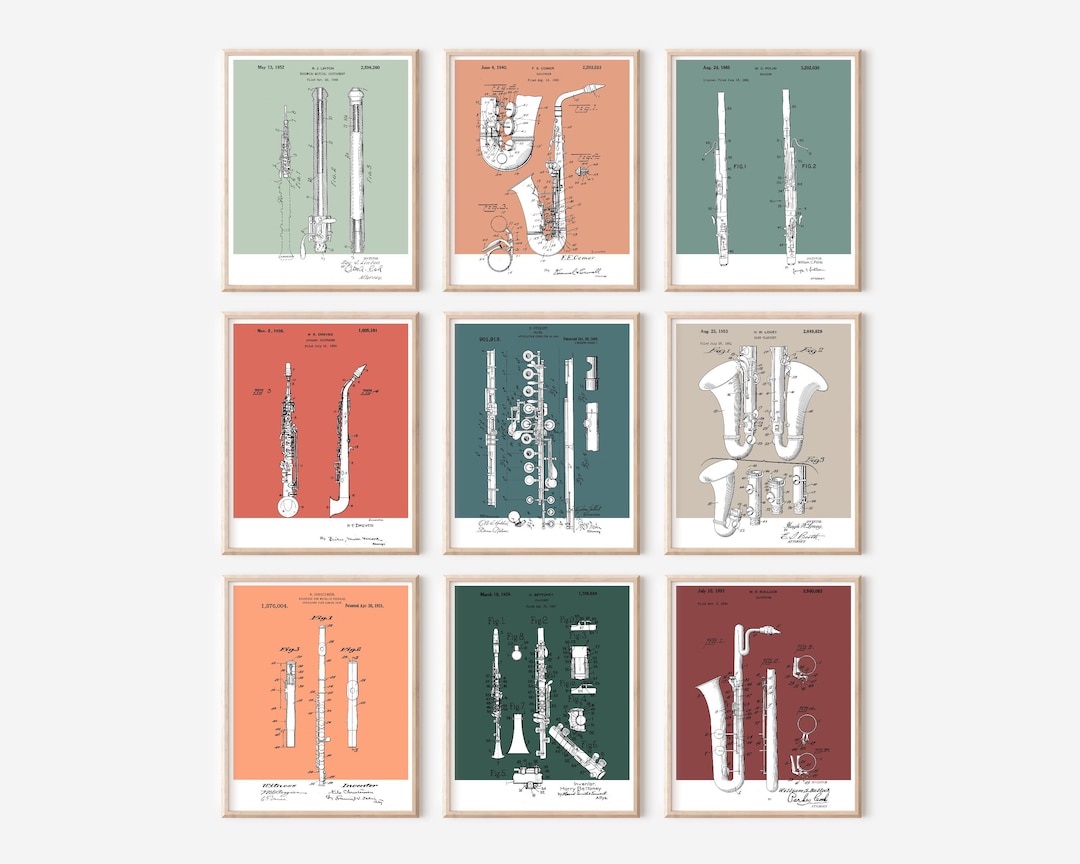 9 Pc Woodwind Section Patent Prints Bundle | Printable Art | Retro ...