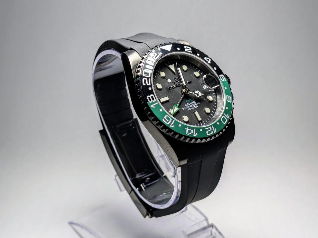 Custom Seiko Mod Watch Black Stainless Steel Diver GMT Automatic Watch ...