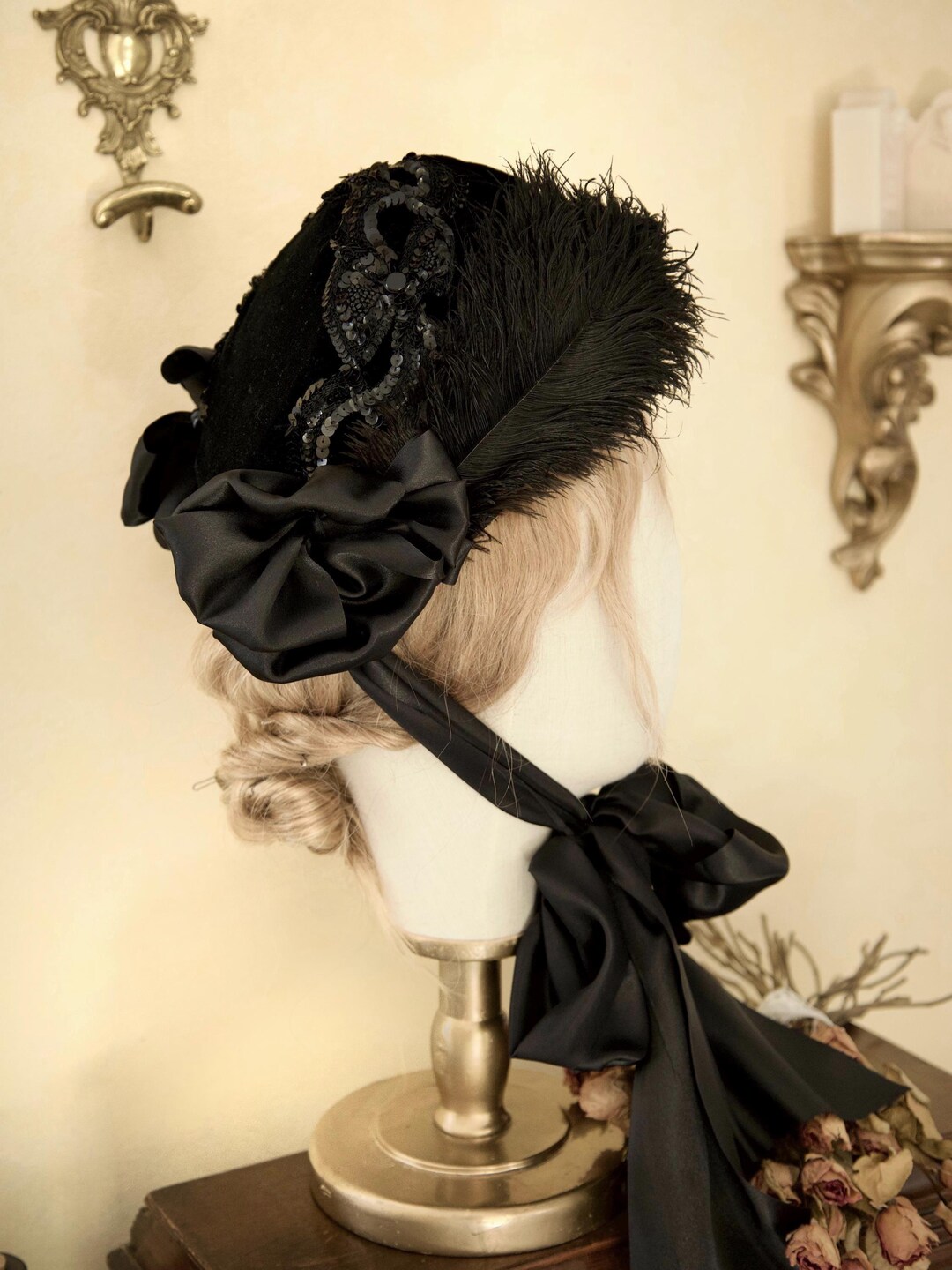 Victorian Mourning Bonnet Velvet Lace Jet Beads Halloween Gothic ...