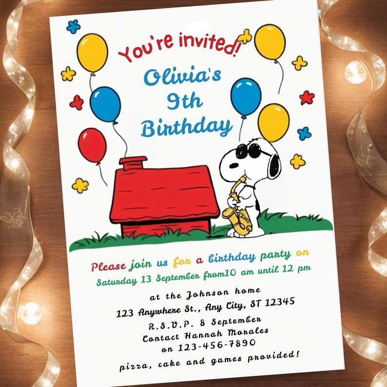 Editable Snoopy Birthday Invitation Snoopy Invitation Birthday Party ...