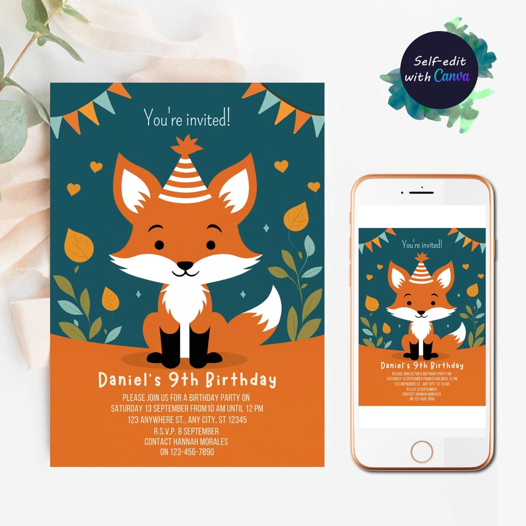 Editable Fox Birthday Invitation Tmplate Birthday Party Fox Theme ...