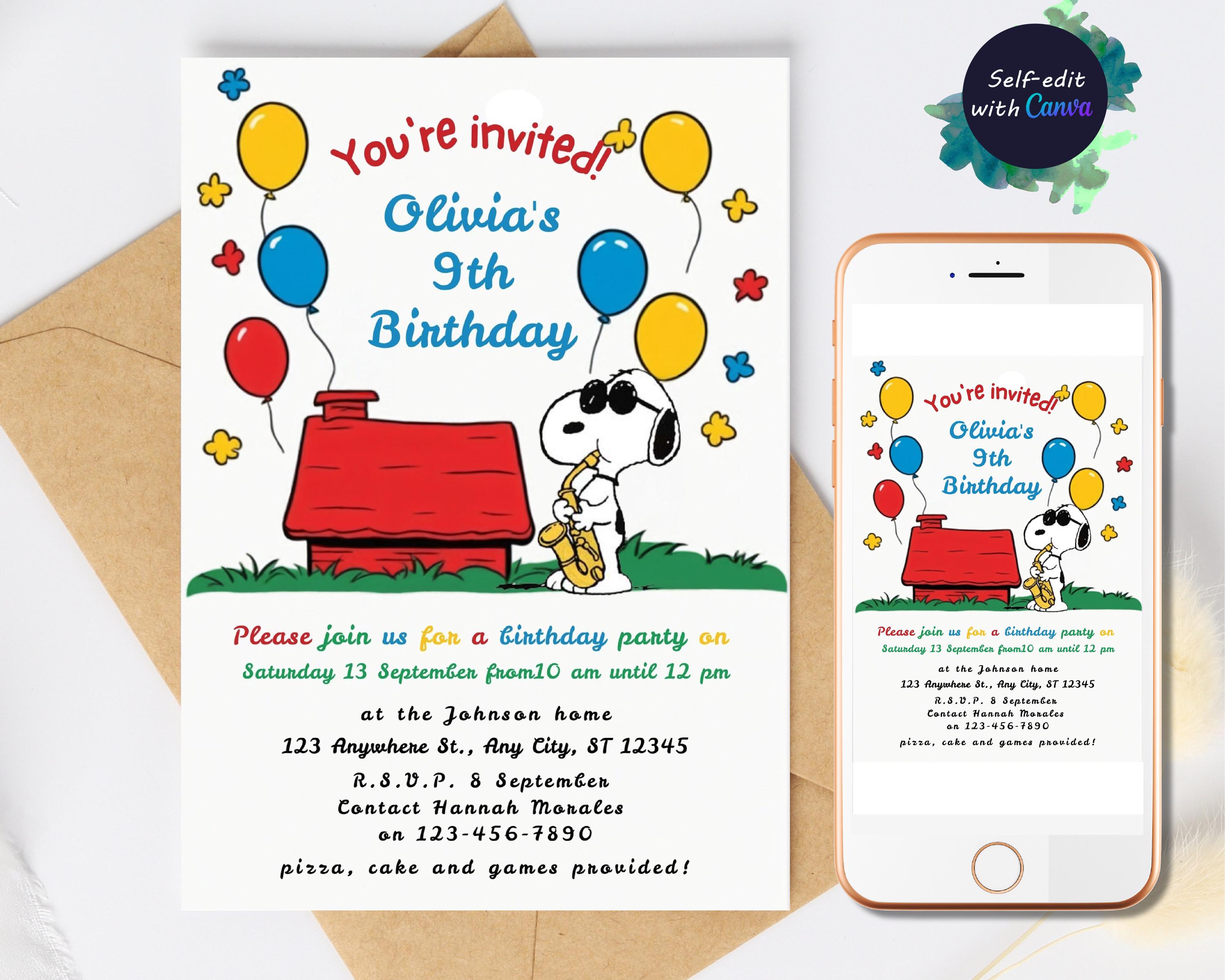 Editable Snoopy Birthday Invitation Snoopy Invitation Birthday Party ...
