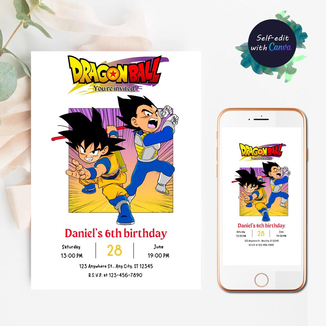 Editable Dragon Ball Z Birthday Invitation Goku Anime Party Template ...