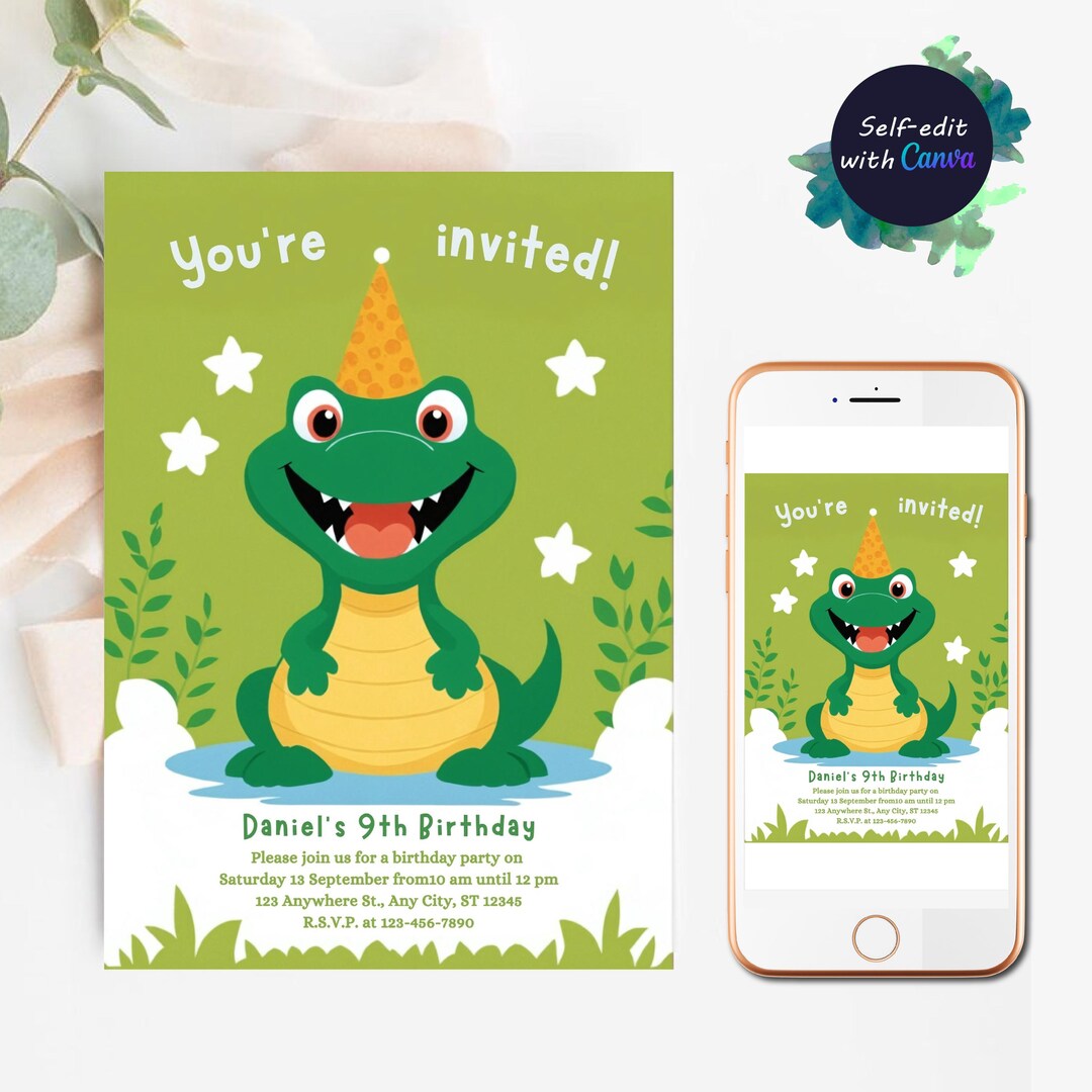 Alligator Birthday Invitation Editable Crocodile Party Invite Canva ...