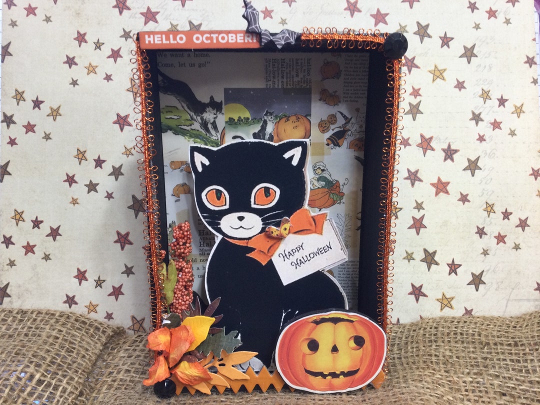 Happy Halloween Decor Retro Kitty Shadow Box Fall Decor - Etsy