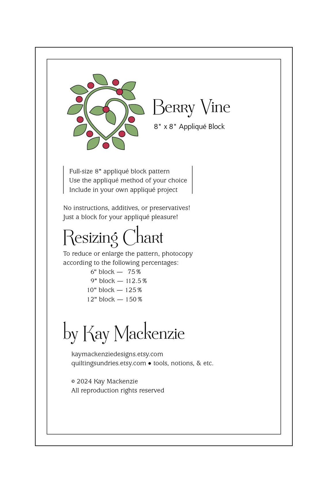 Berry Vine Appliqué Block, Vine Applique Pattern PDF - Etsy