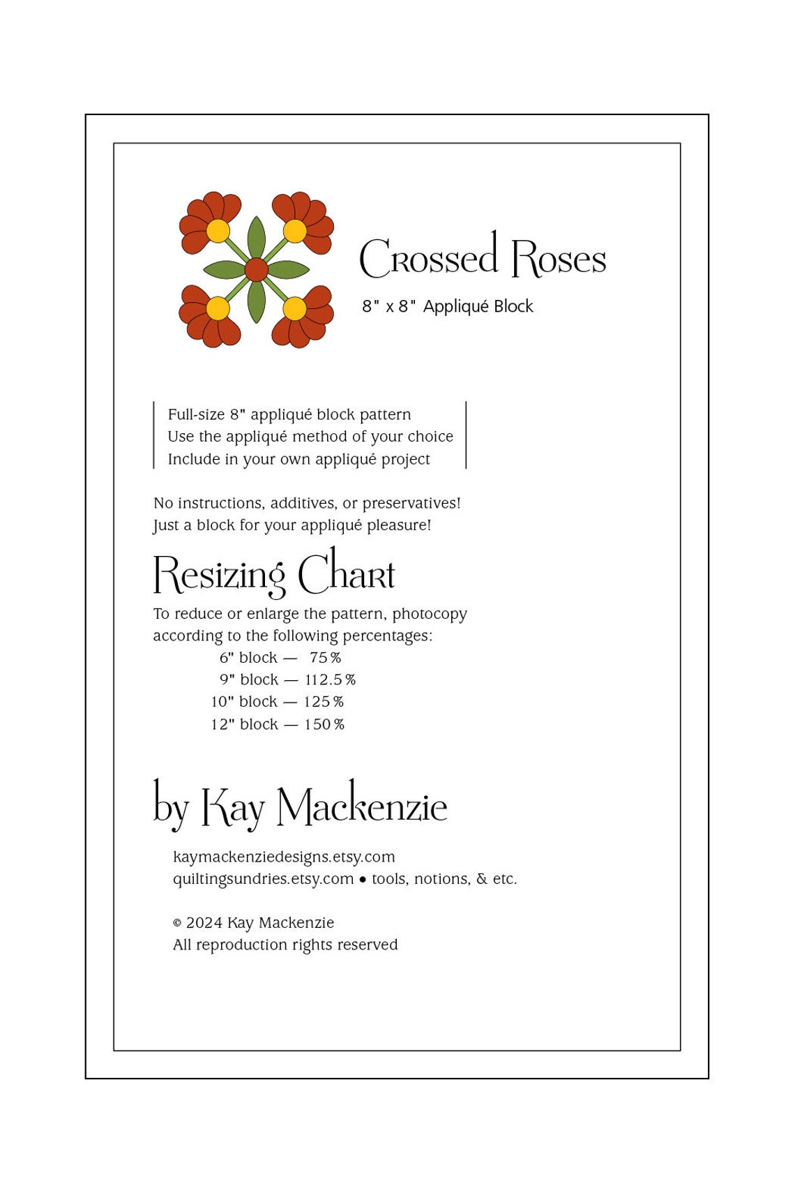 Crossed Roses Appliqué Block, Flower Applique Pattern PDF - Etsy