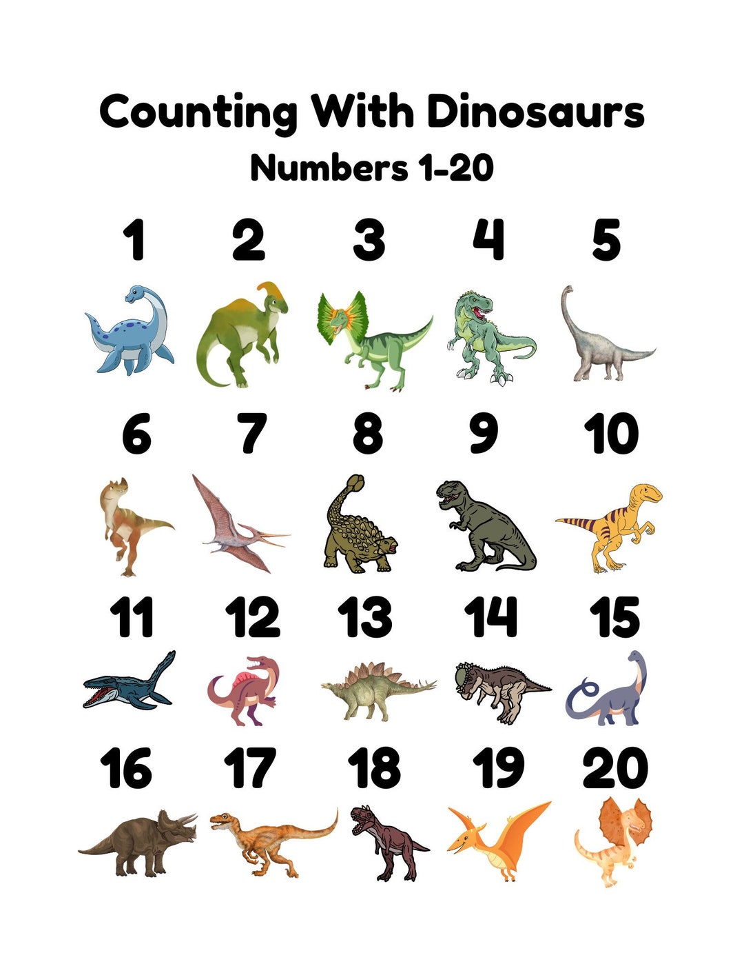 Dinosaur Learning to Count to 20 Includes Two Printables, Digital ...