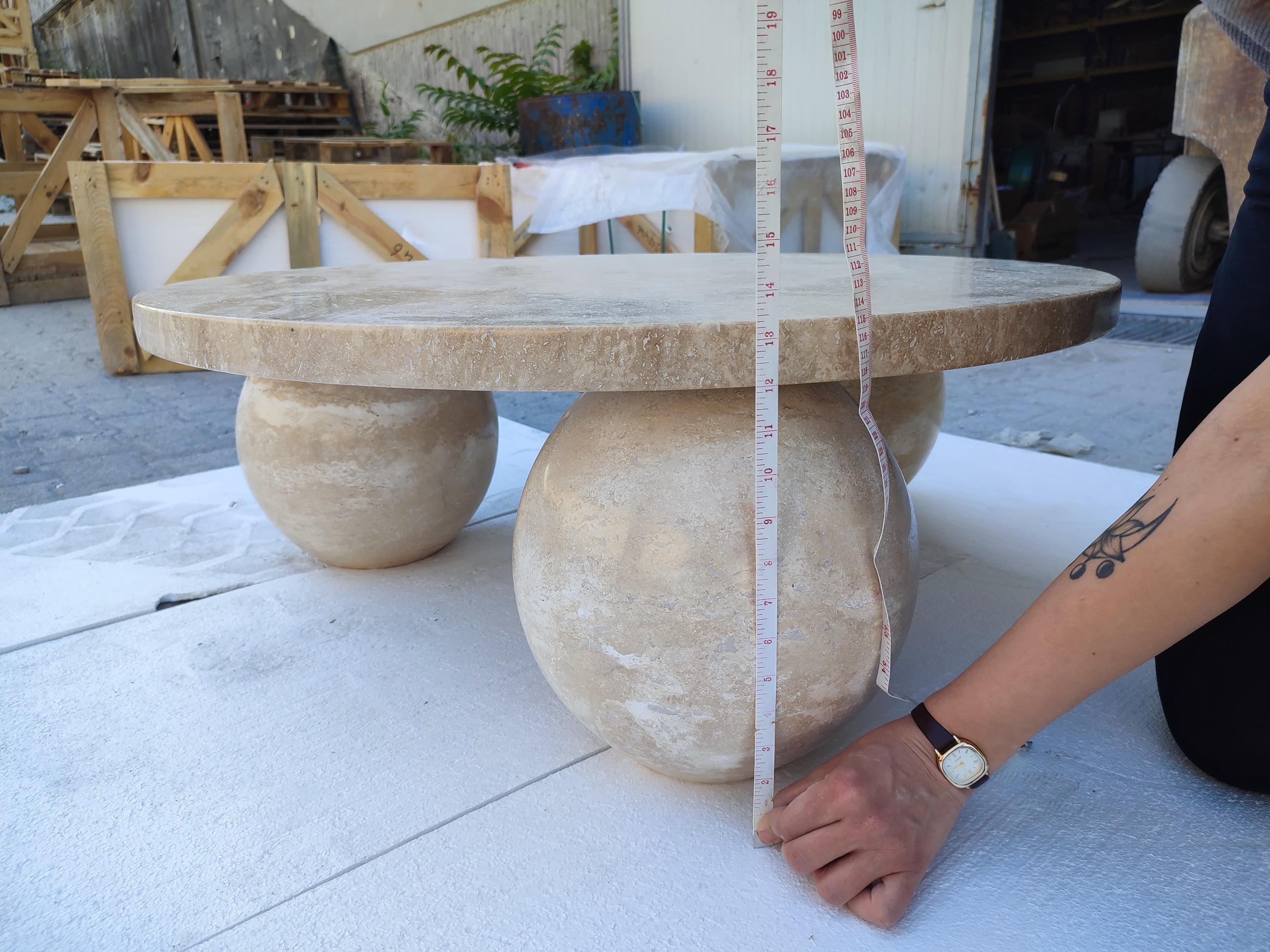 Troia Light Travertine Round Designer Polished Coffee Table, (d)36" (H ...
