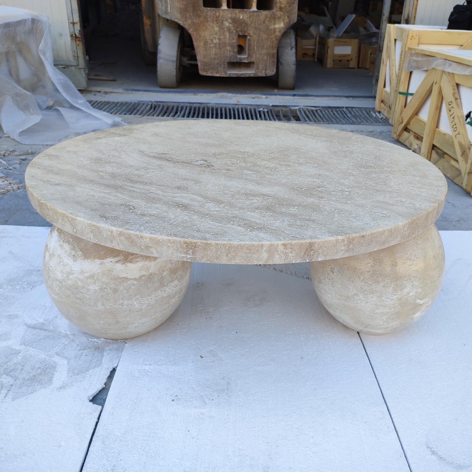 Troia Light Travertine Round Designer Polished Coffee Table, (d)36" (H ...