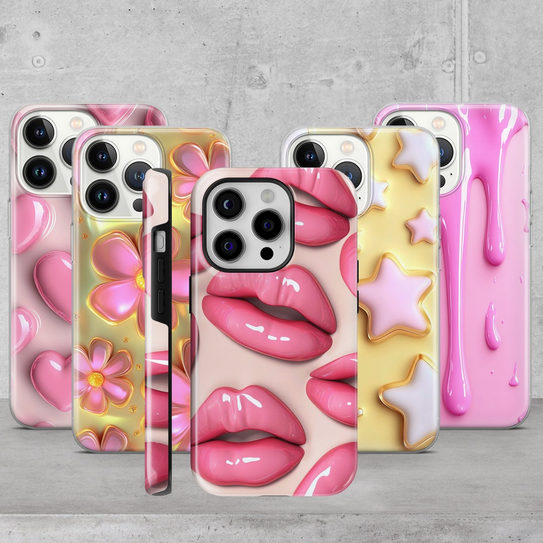 Pink Lips Phone Case Jelly Hearts Tough Cover for iPhone 16 Pro, 15, 14 ...