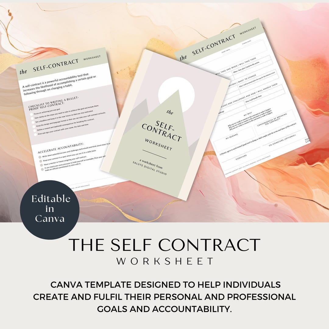 Self Contract Worksheet Template | Personal Development Planner & Goal Setting Guide ...