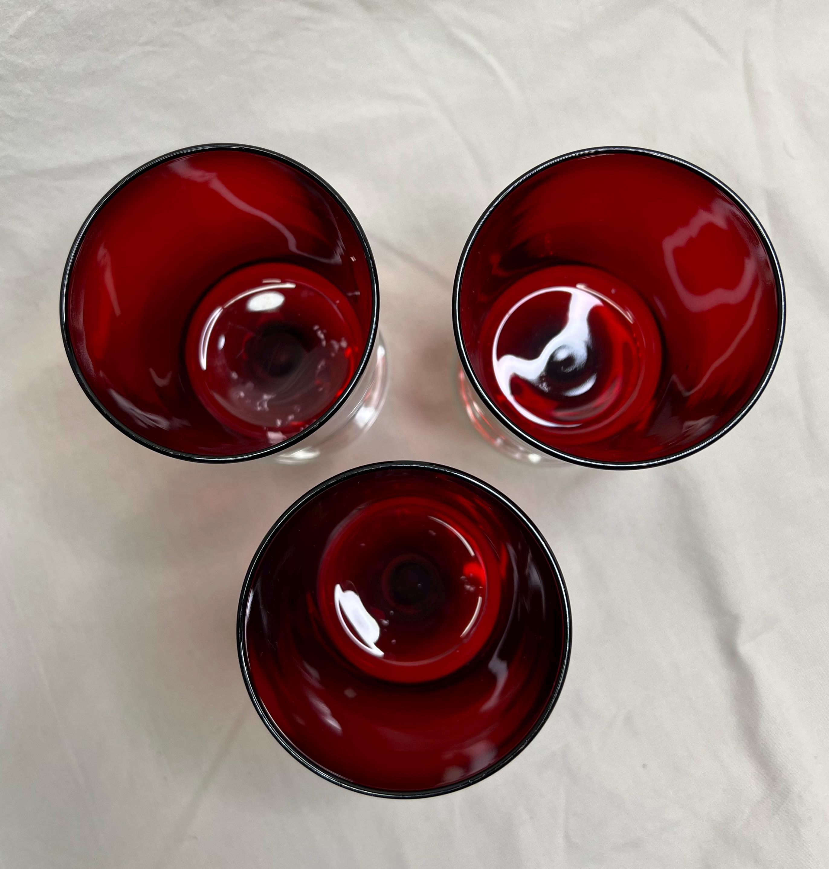 Set of 3 Vntg Ruby Red Luminarc Stem Water Wine Glasses From France ...