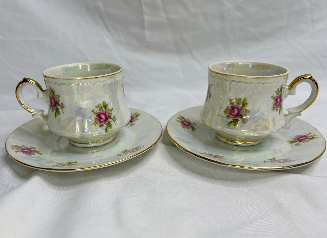Vintage German Pink Roses W/ Vivid Pearlized Luster and Gold Trim Tea Cups & Saucers, Set of 2 ...