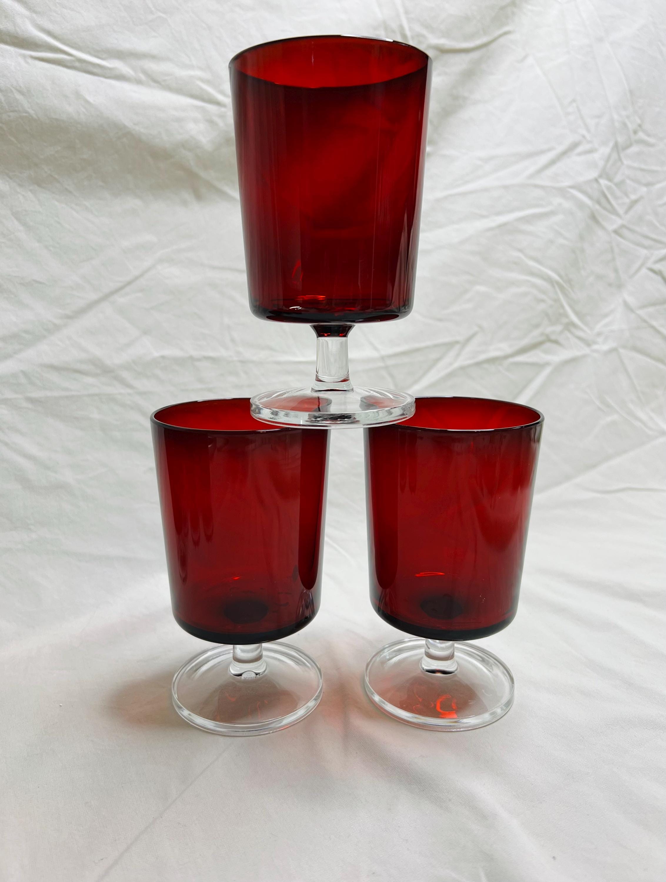 Set of 3 Vntg Ruby Red Luminarc Stem Water Wine Glasses From France ...
