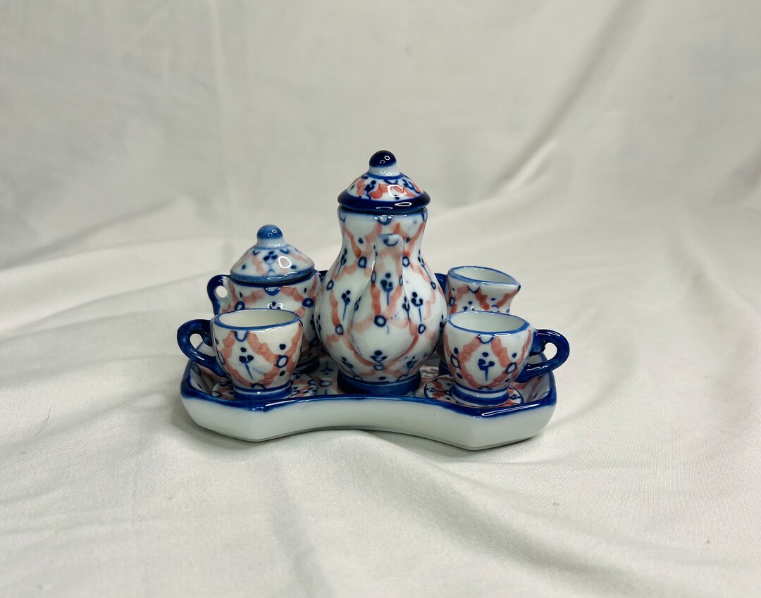 Small Vintage Ceramic Tea Set W/ Serving Tray, Dollhouse Miniature ...