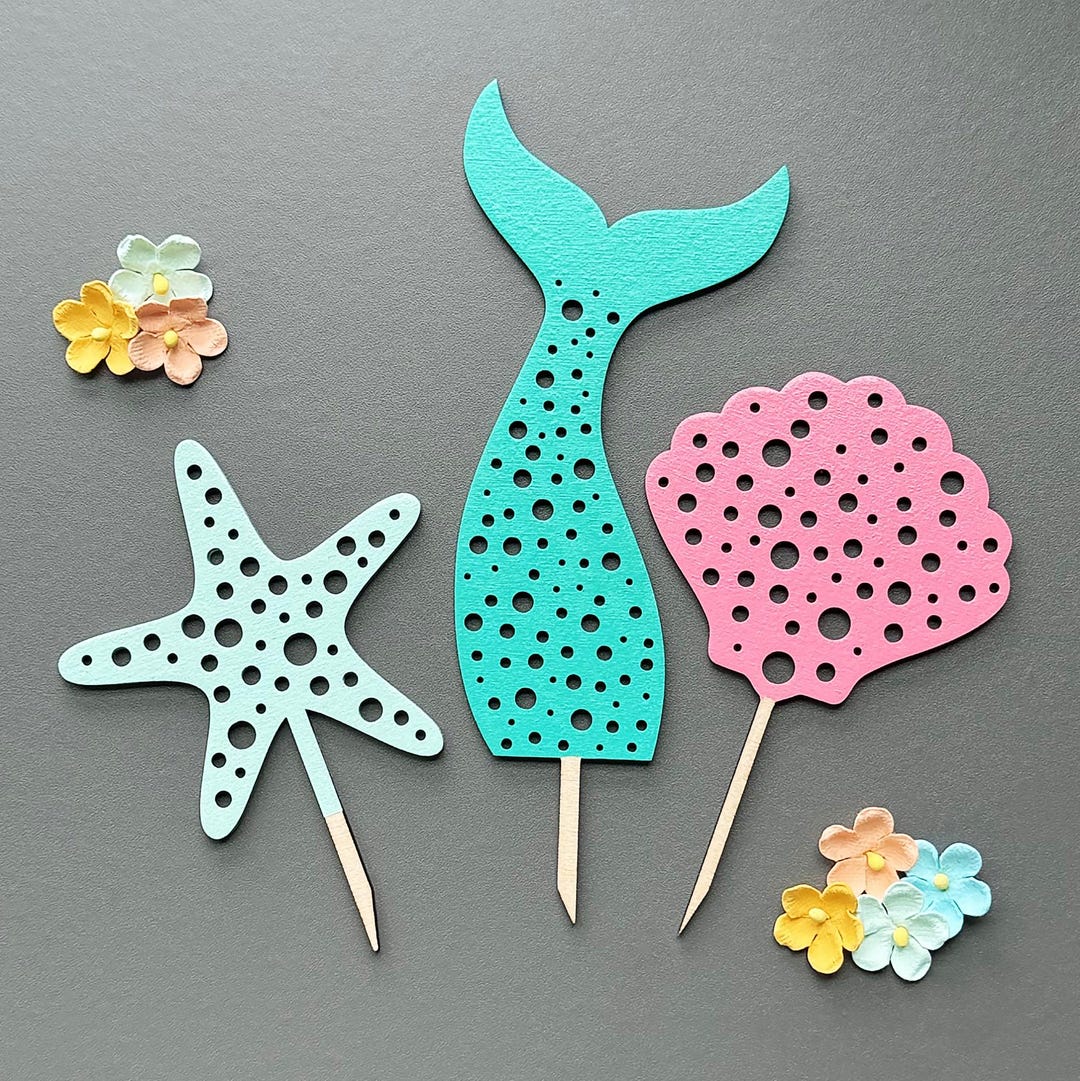 Coastal Cake Toppers: Mermaid Tail, Seashell, Starfish - Set of 3 - Etsy