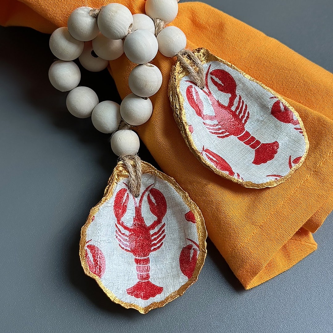 Oyster Shell Napkin Rings With Lobster Design, Decoupaged Oyster Shell ...