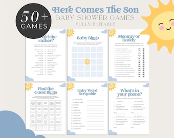 Editable Here Comes the Son Baby Shower Games Bundle, Retro Sunshine ...