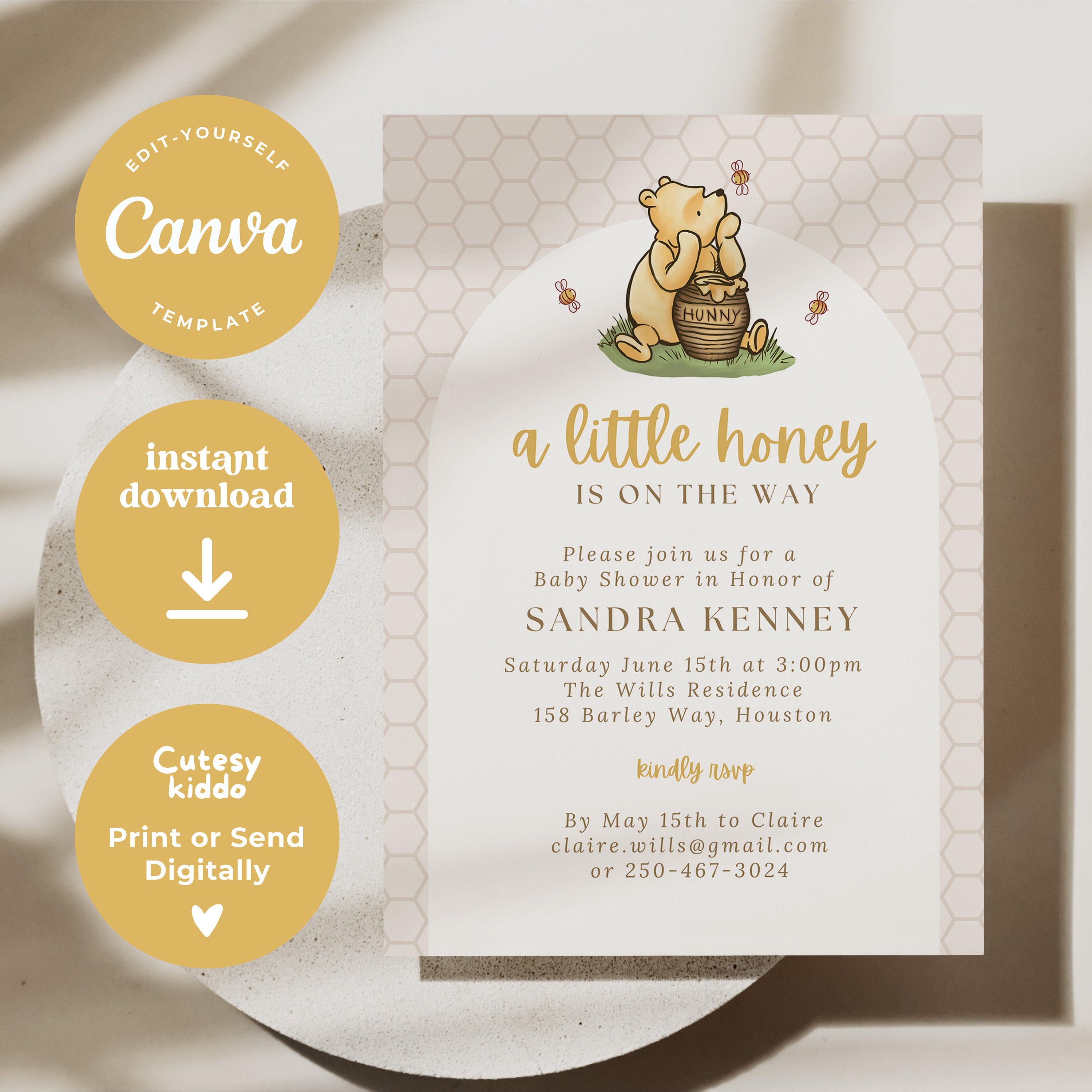 Winnie the Pooh Baby Shower Editable Invitation, Neutral Boho Classic ...