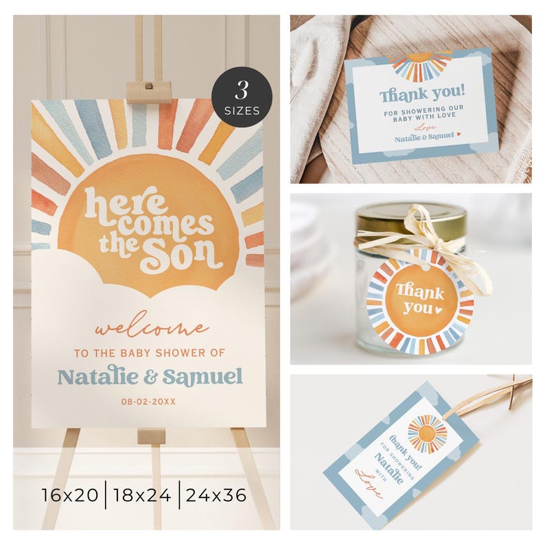 Here Comes the Son Baby Shower Bundle, Boho Sunshine, Canva Editable ...