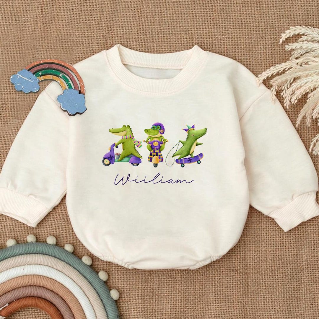 Personalized Mardi Gras Baby Romper Sweatshirt, Alligator Scooter ...