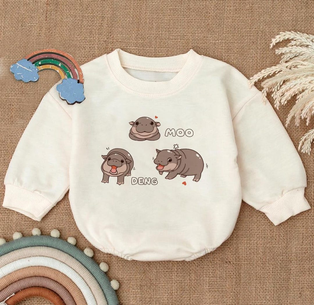 Moo Deng Hippo Romper Sweatshirt, Cute Animal Toddler Outfit, Fun Baby ...